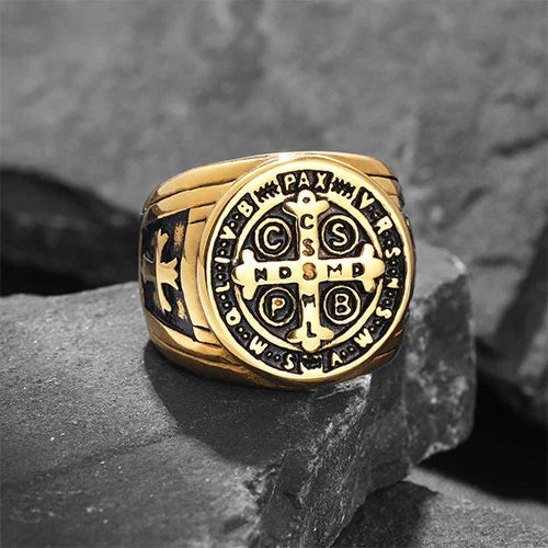 Vintage CSPB Black Gold Stainless Steel Cross Ring-WOLFHA