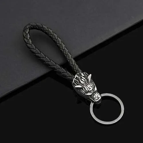 Vintage Wolf Head Braided Leather Strap Keychain - WOLFHA