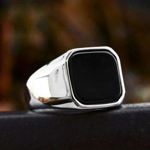 Black Square Stone Stainless Steel Ring - WOLFHA
